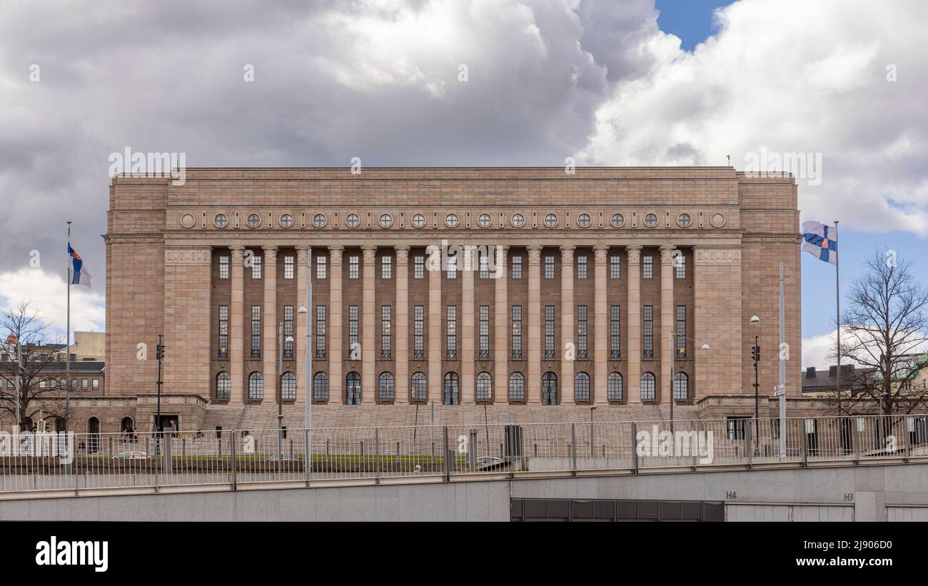 Finnish Parliament building with famous red granite colonnade Stock ...