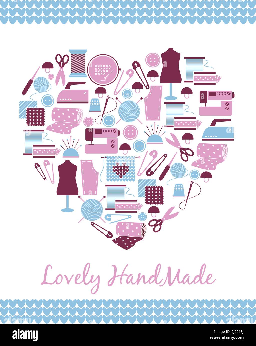 Lovely handmade. Heart shape sign of sewing, knitting and pattern ...