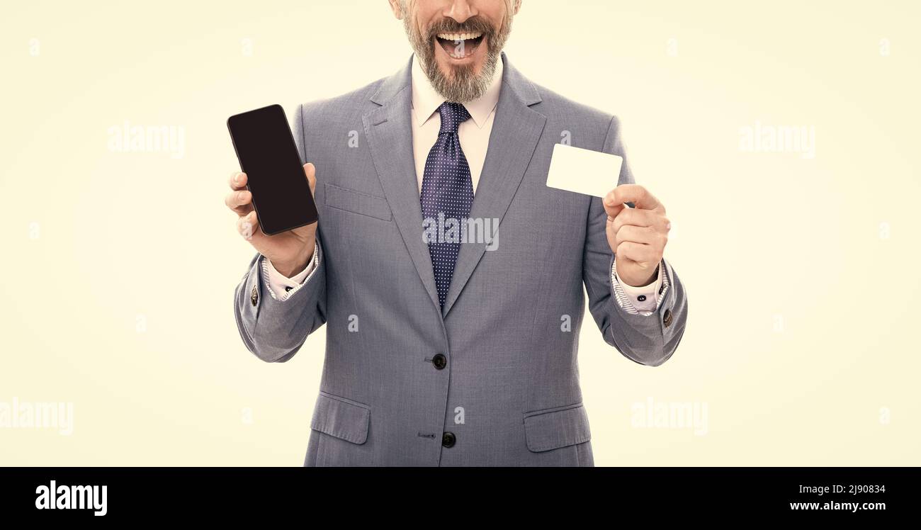 cropped businessman show smartphone. customer use online money on ...