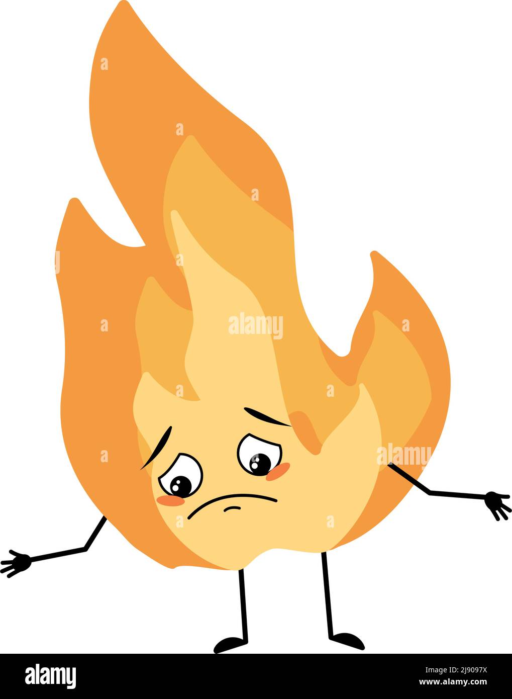 Cute flame character with sad emotions, depressed face, down eyes, arms ...