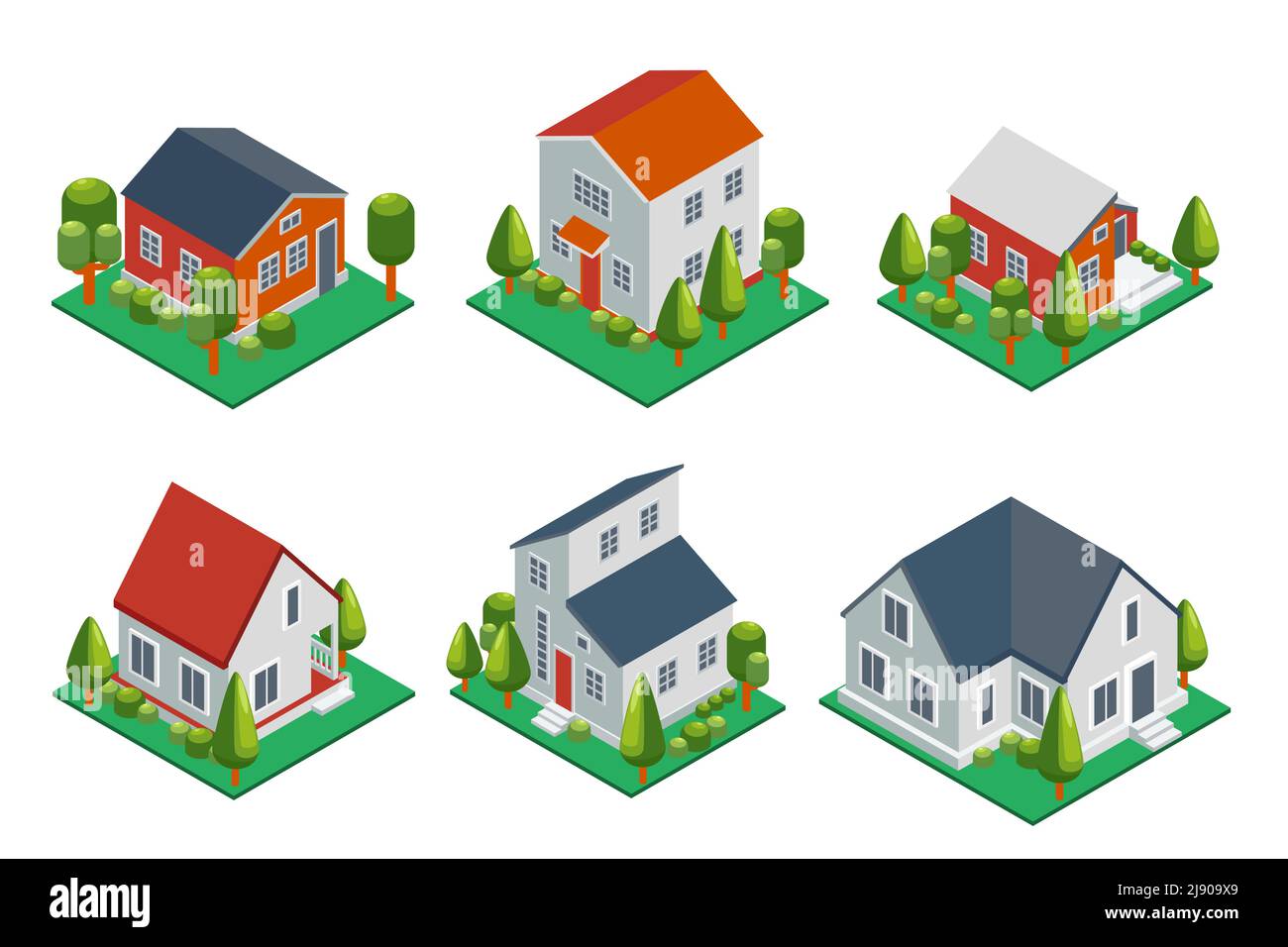 Isometric 3d private house, rural buildings and cottages icons set ...
