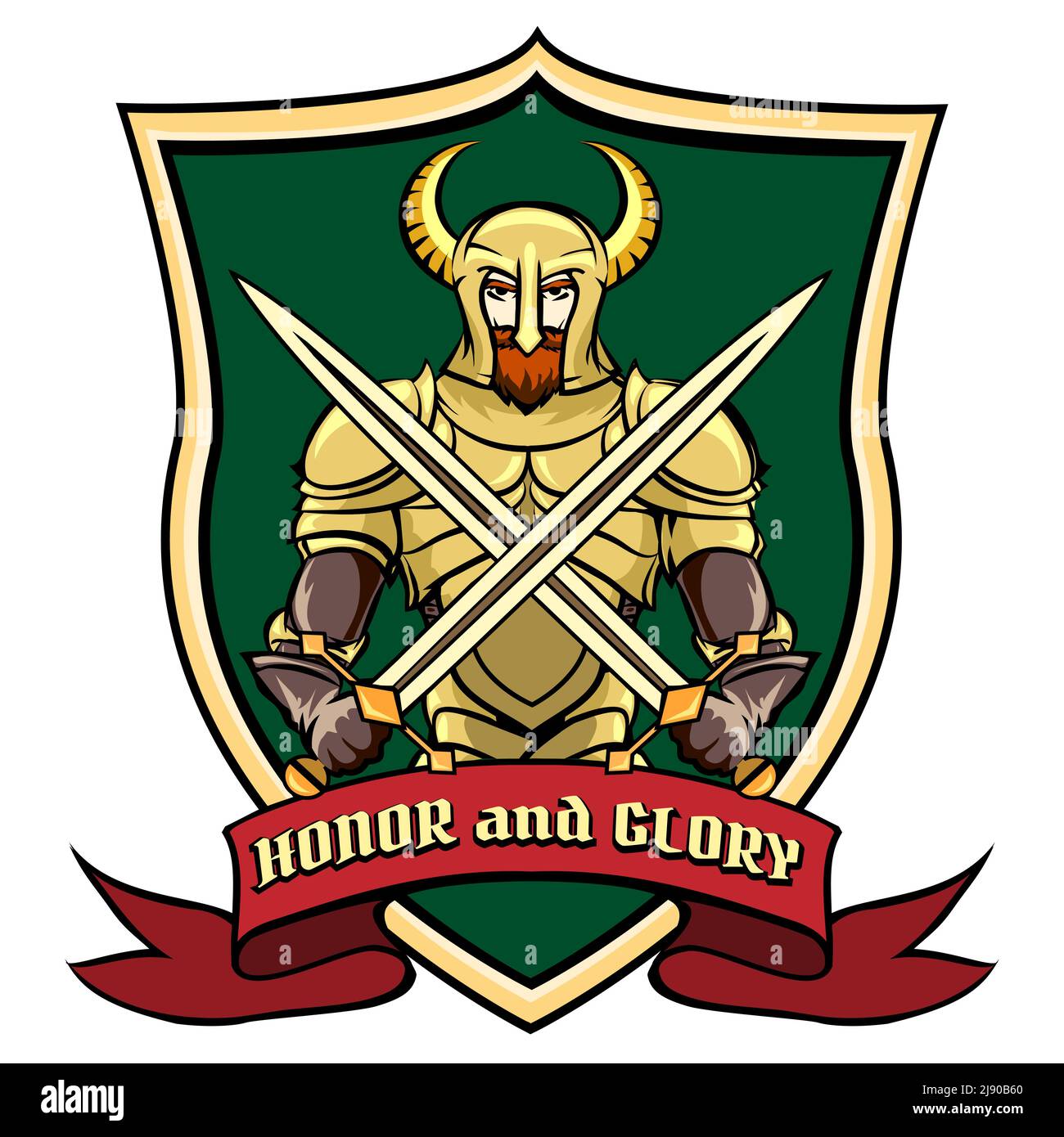 Label, logo or emblem warrior in helmet with hors on shield. Vector ...
