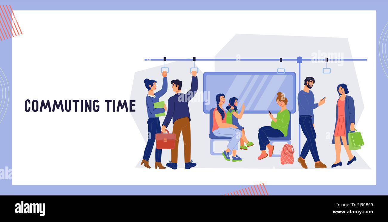Commuting Time website banner template with people inside subway train ...
