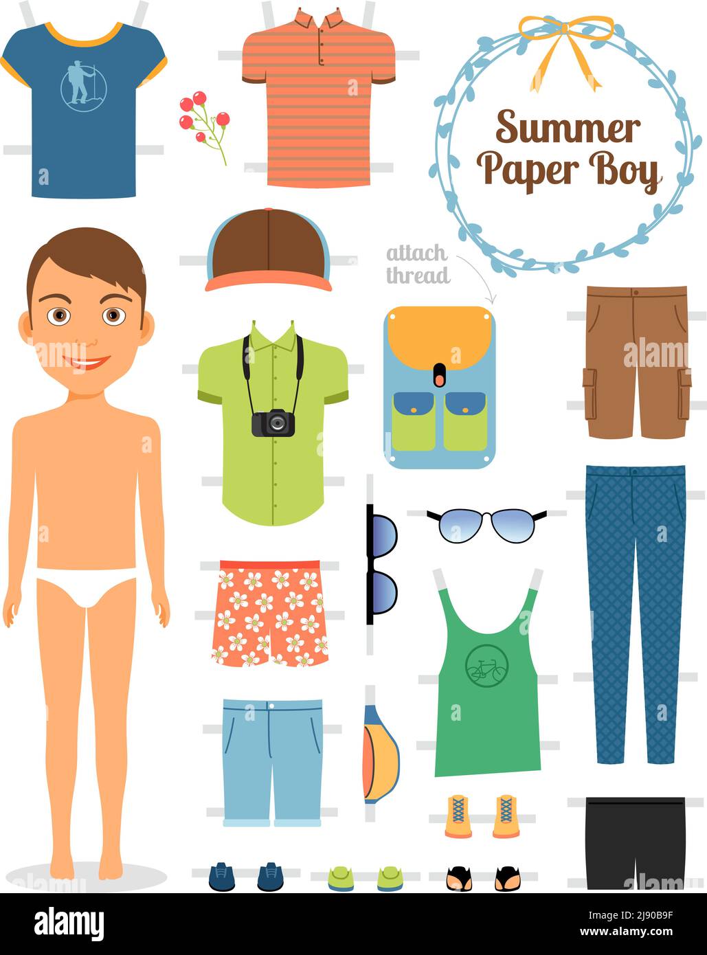 Paper doll boy in summer clothes and shoes. Cute dress up paper doll ...