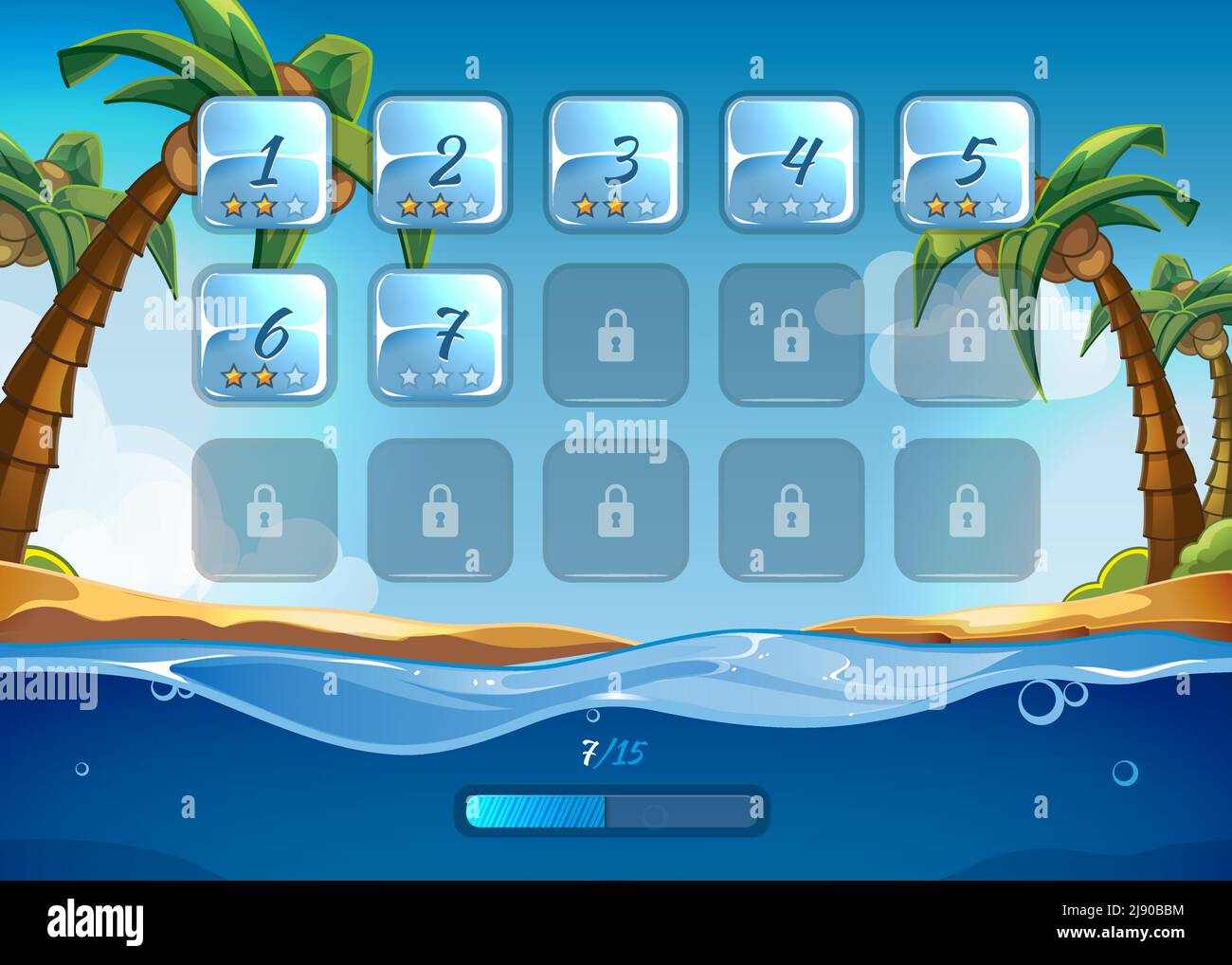 Island game background with user interface UI in cartoon style. App and ...