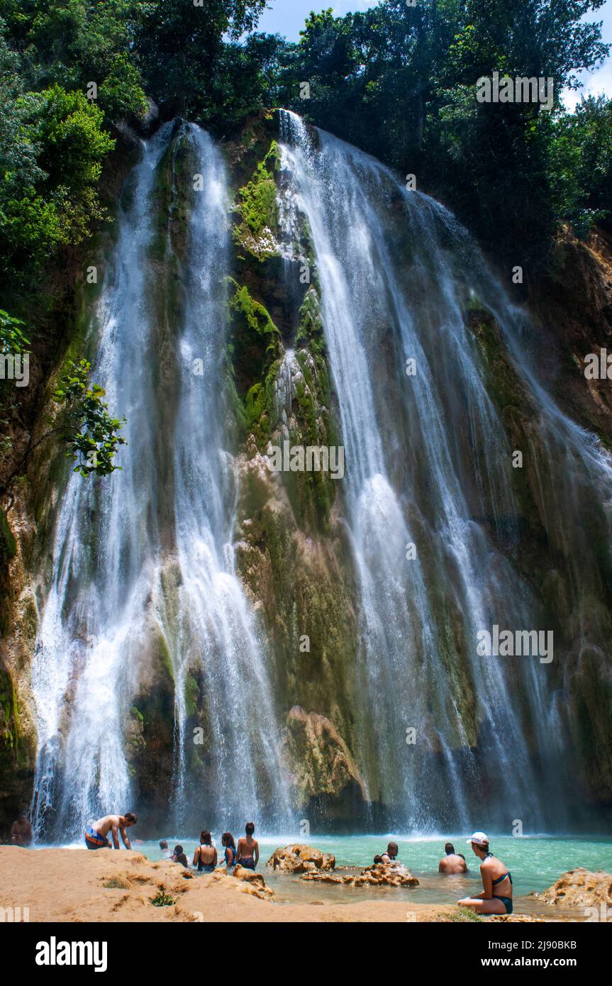Tourists in the scenic cascade of El Limon waterfall in jungles of ...