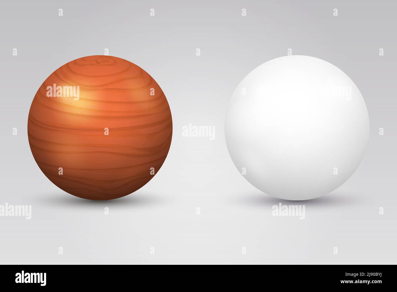 Realistic white ball and wooden sphere. Round shape, geometry globe ...