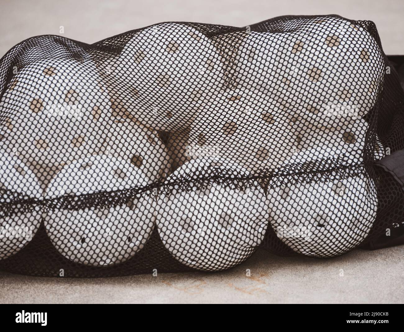 Floorball balls in bag ready for training. Children playing outdoor in ...