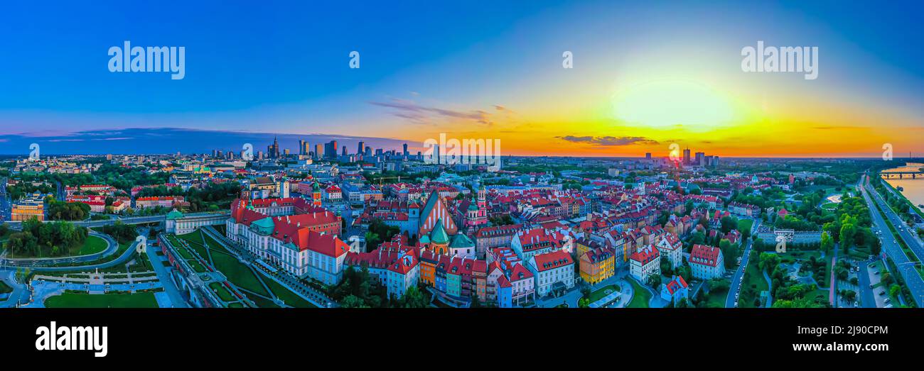 Beautiful panoramic aerial drone skyline sunset view of the Warsaw City ...