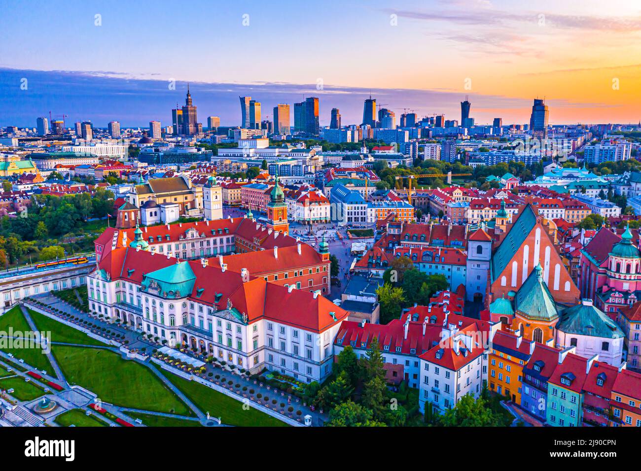 Beautiful panoramic aerial drone skyline sunset view of the Warsaw City ...