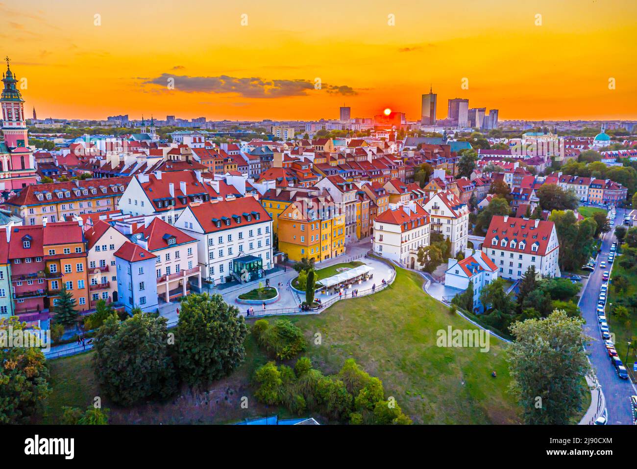 Beautiful panoramic aerial drone skyline sunset view of the Warsaw City ...