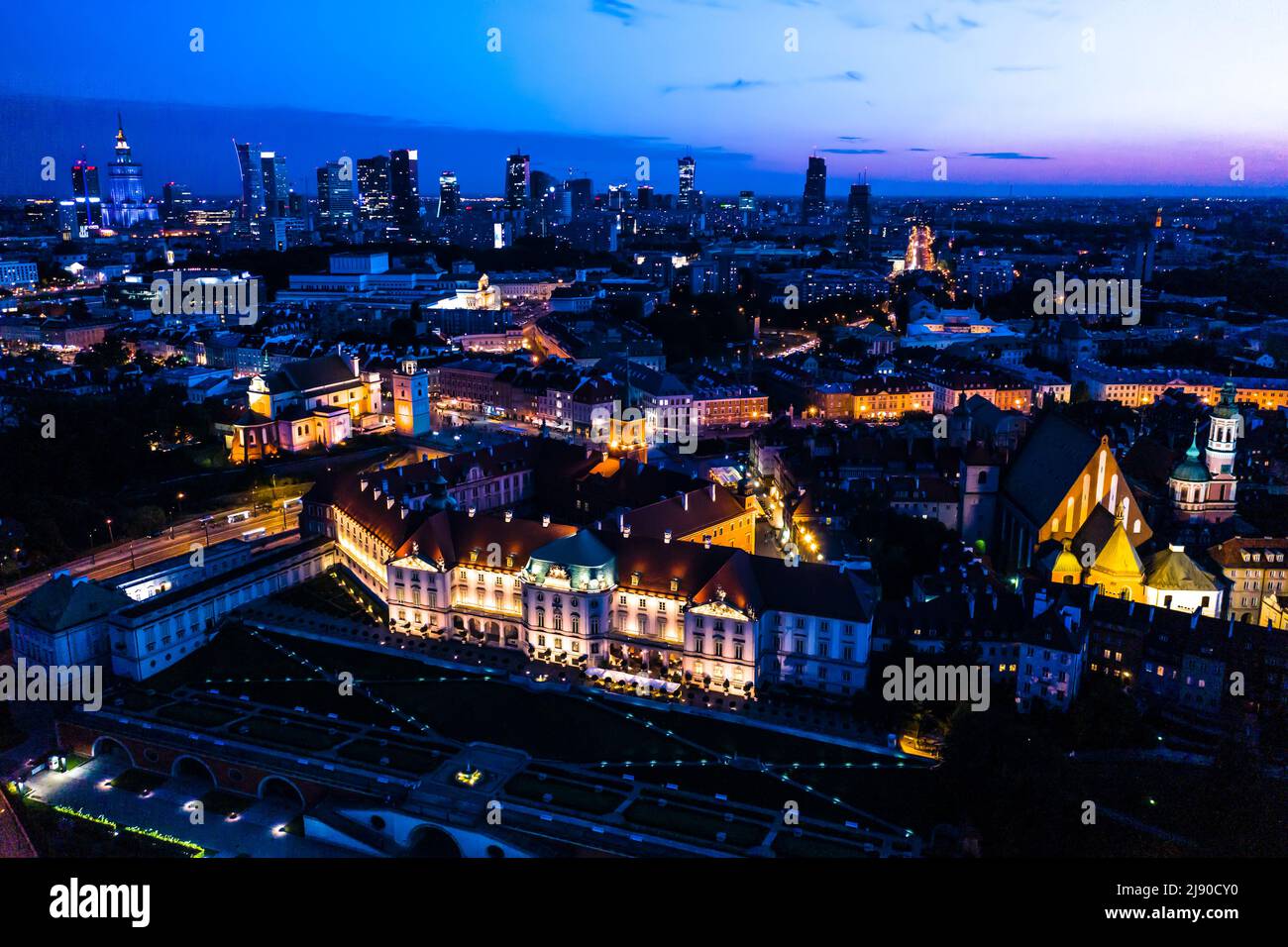 Warsaw, Poland Cityscape with high angle above aerial view of historic ...