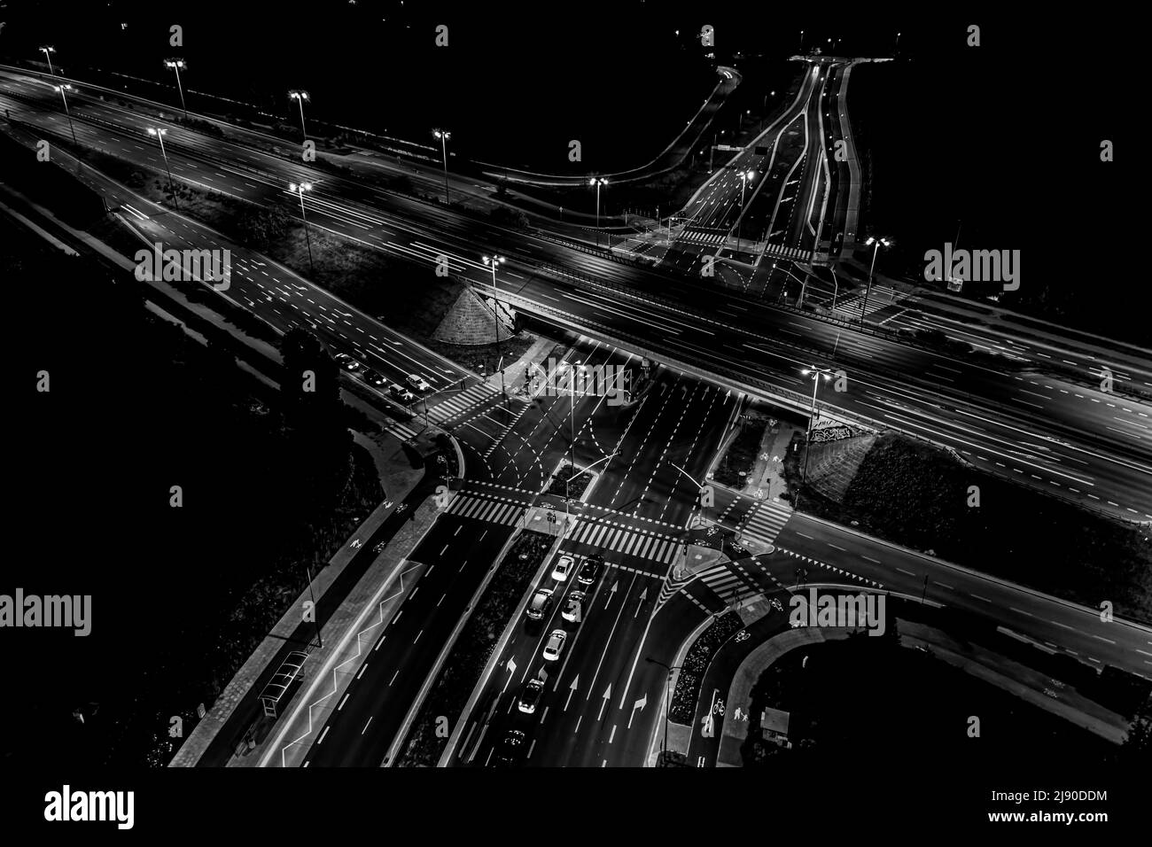 Road beautiful Aerial View of Busy Intersection at Night , top view ...