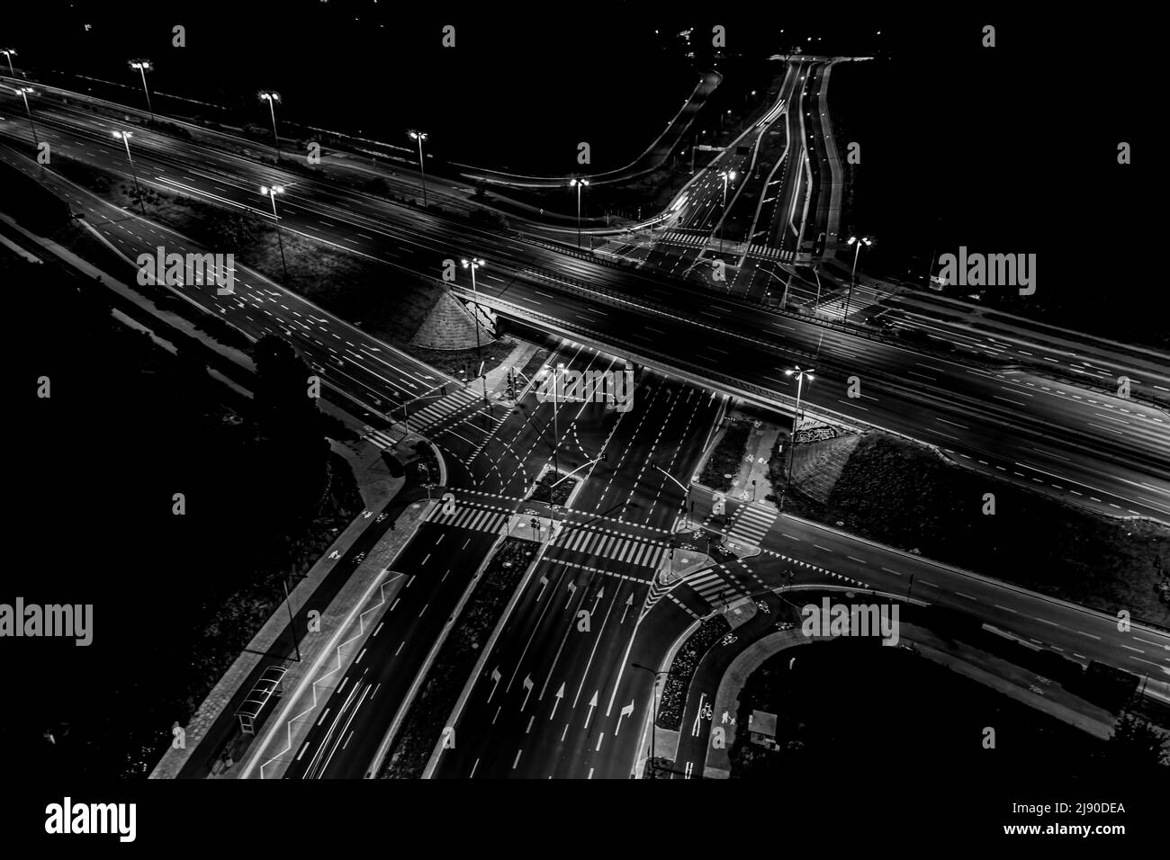 Road beautiful Aerial View of Busy Intersection at Night , top view ...