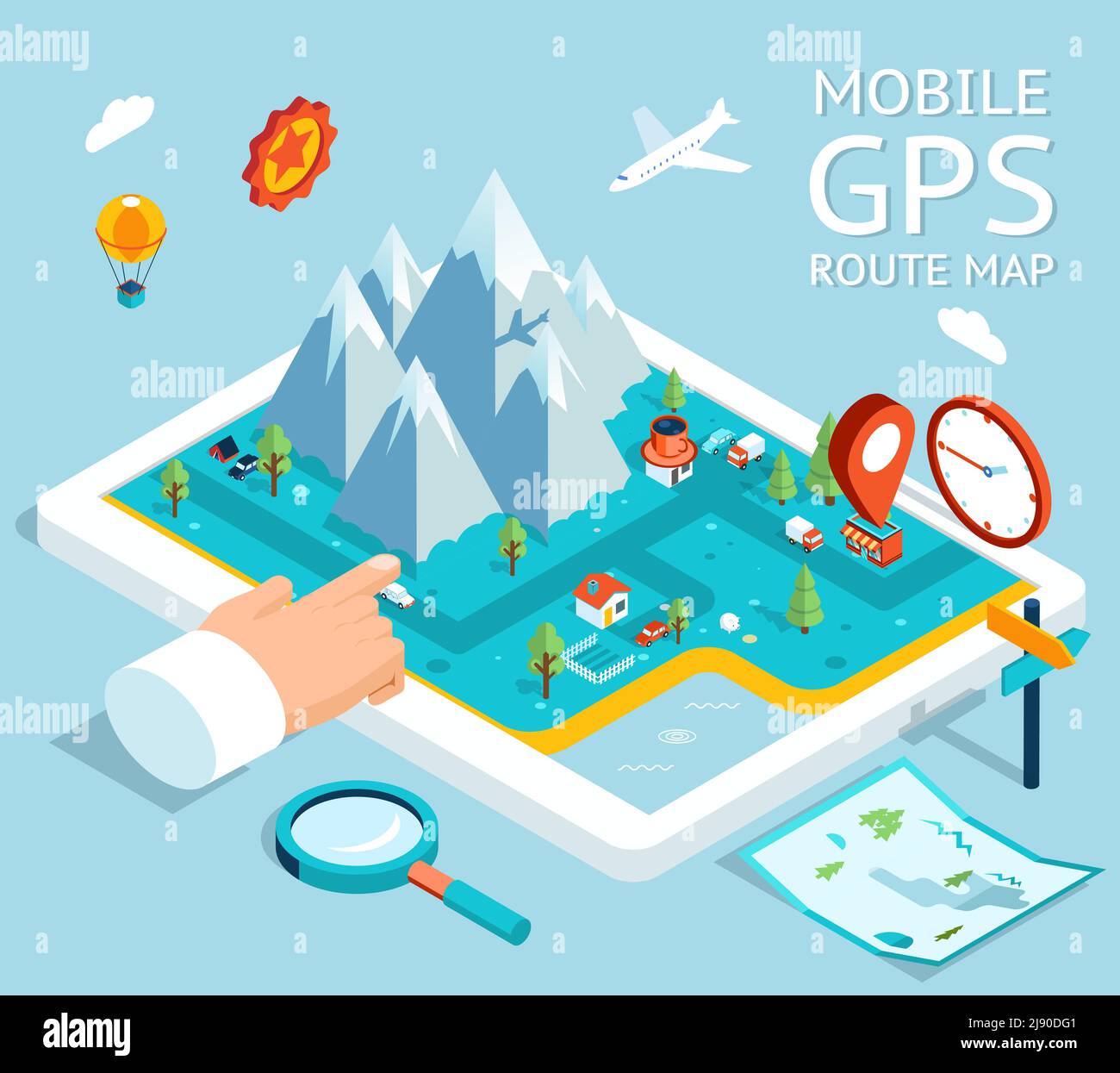 Isometric mobile GPS navigator. Flat map with notation and markers ...