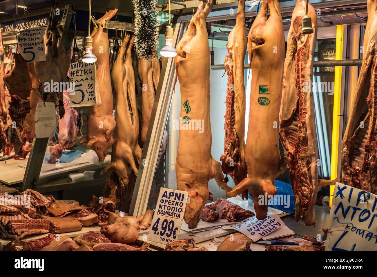 Athens Old Town, Attica - Greece - 12 28 2019 - Pork meat at a butchers ...