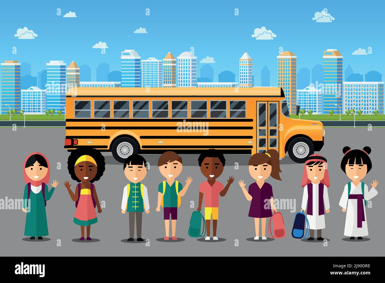 Multinational kids going to school. Arabic japanese chinese group ...