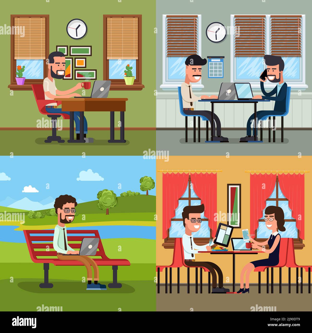 Business people working in various workplace. Office work, teamwork ...