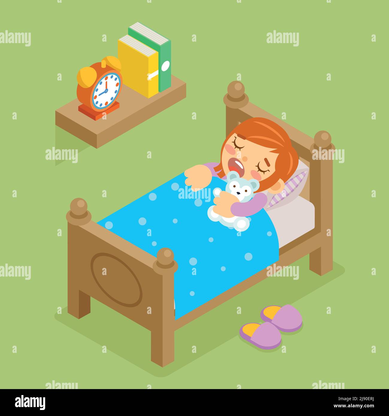 Little girl sleeping teddy bear. Isometric 3d comfortable bedroom, rest ...