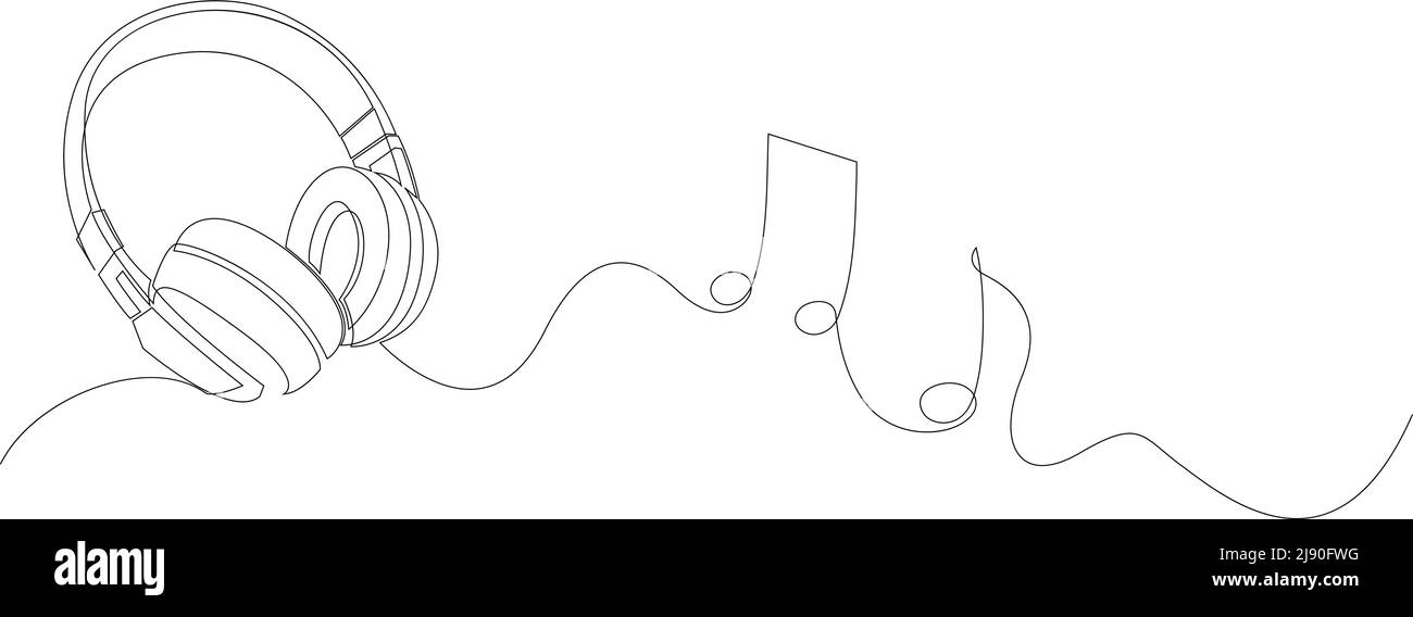 One line headphones. Continuous drawing of music gadget and note. Audio ...