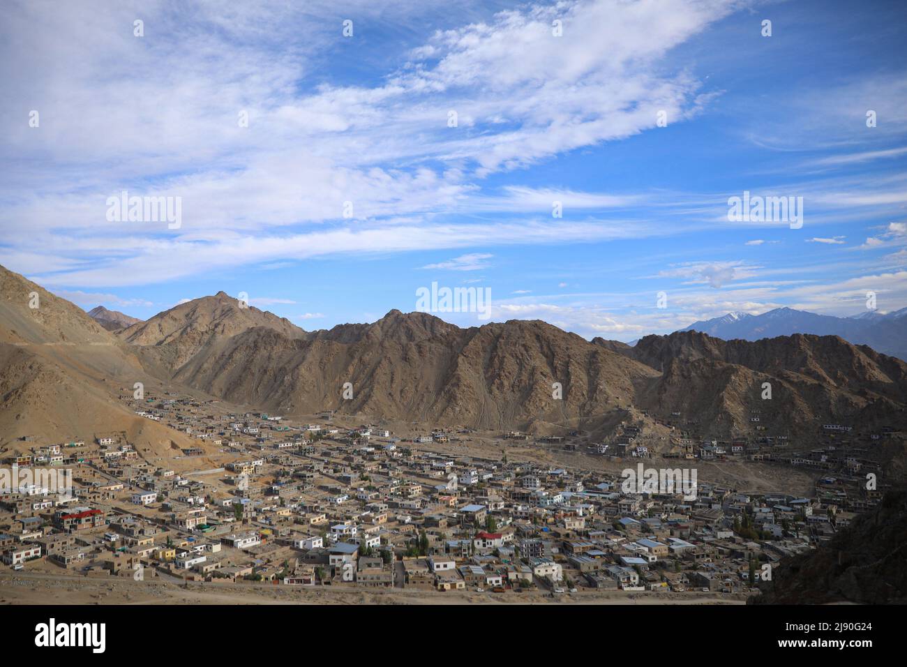 (EDITORS NOTE: Image taken with drone) Aerial view of Leh district, of ...