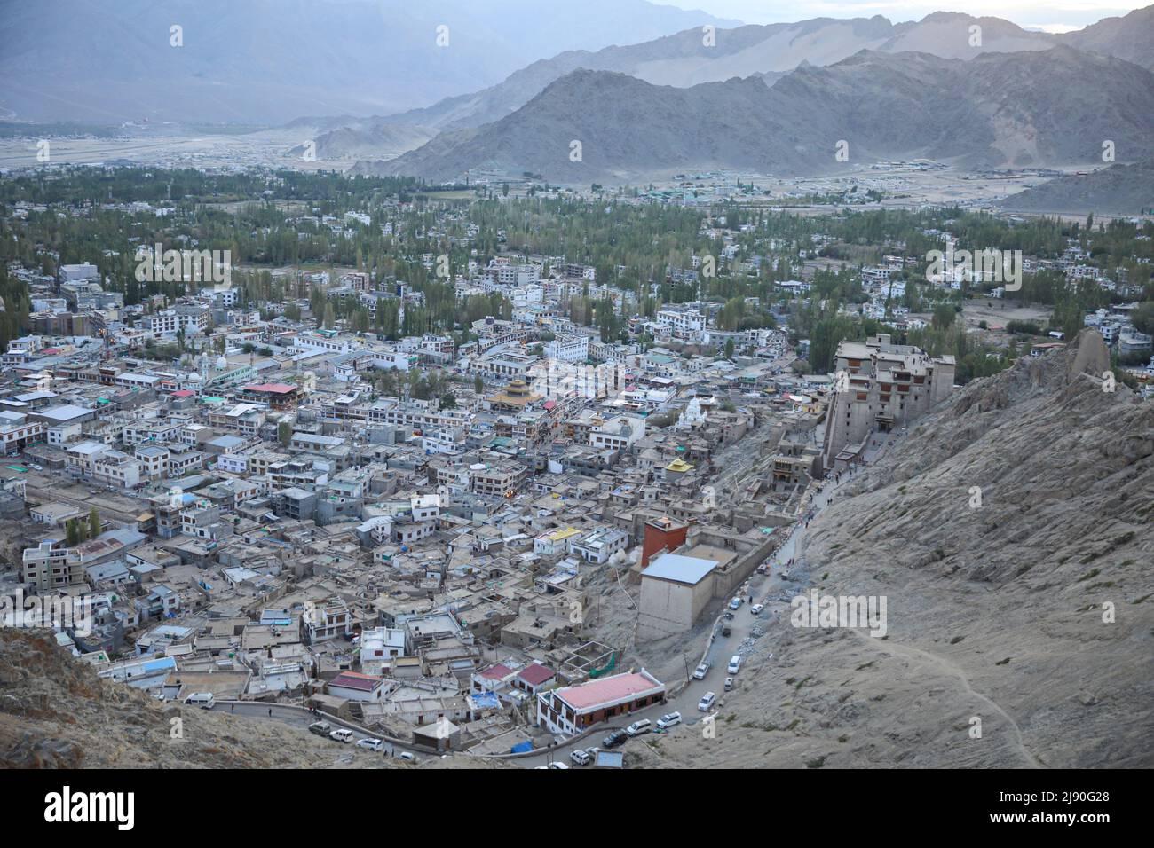 (EDITORS NOTE: Image taken with drone) Aerial shot of Leh district, of ...