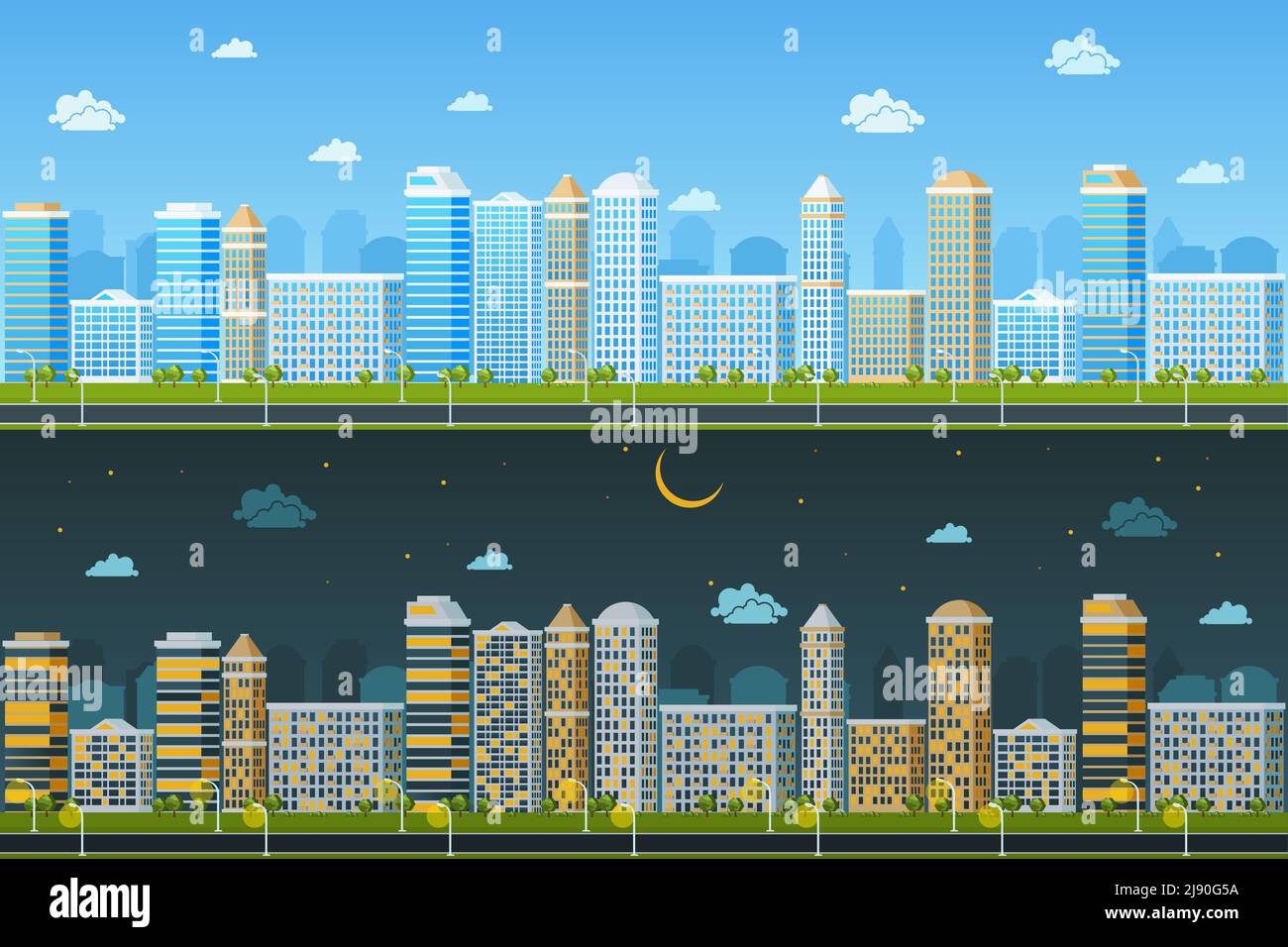 Day and night urban landscape. Building architecture, cityscape town ...