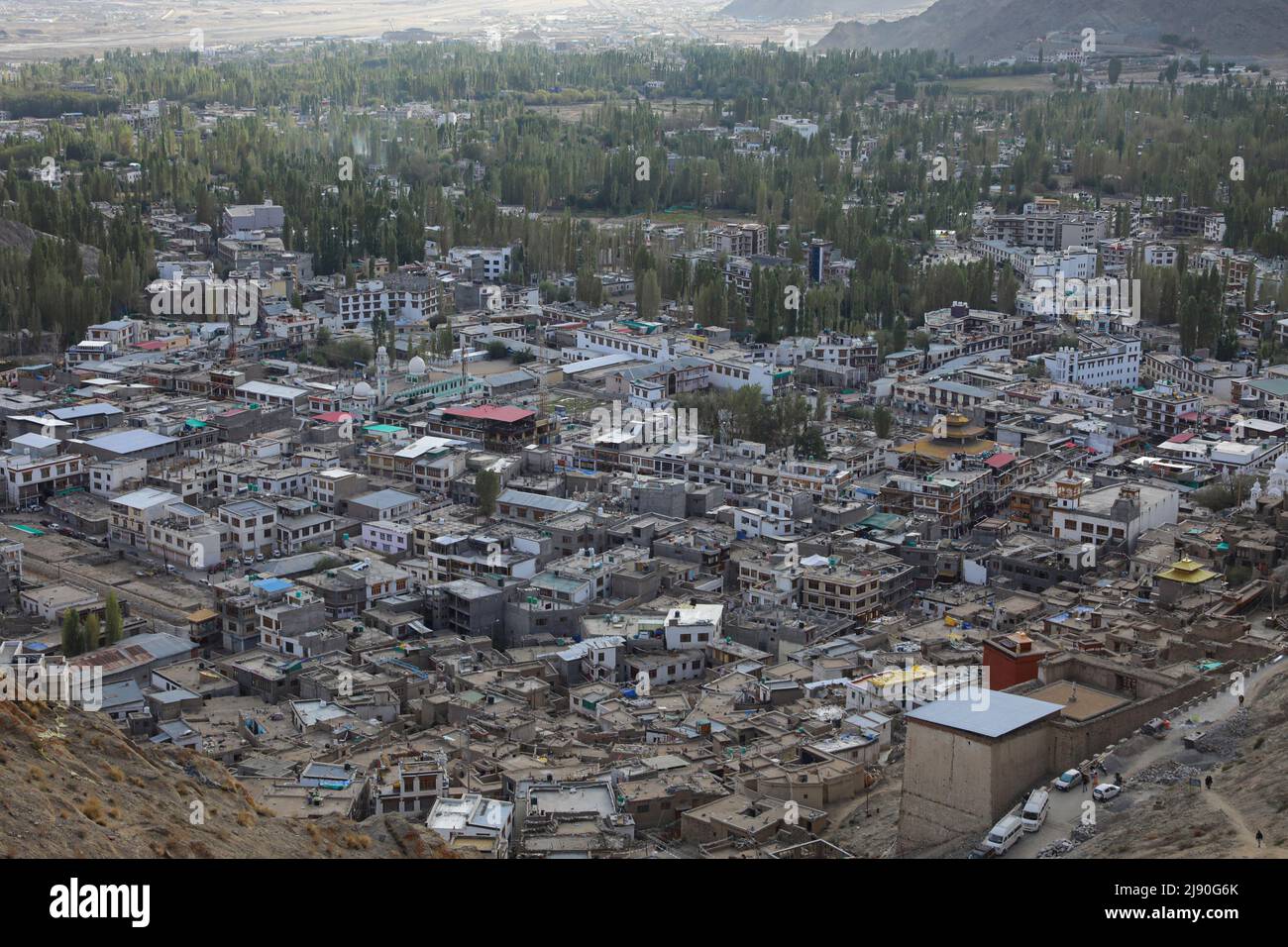 (EDITORS NOTE: Image taken with drone) Aerial shot of Leh district, of ...