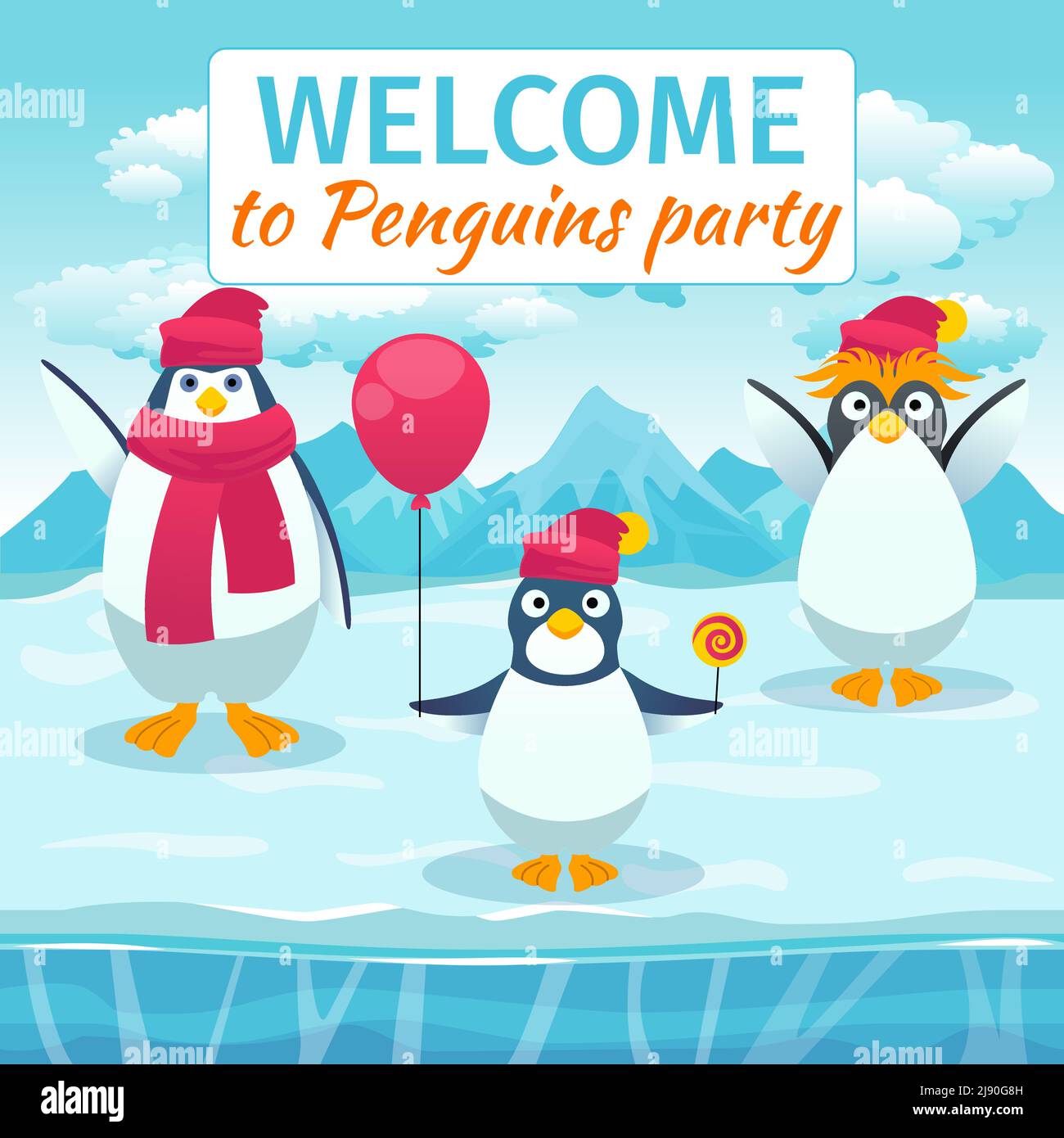 Funny penguins card or party invitation. Welcome festival holiday ...