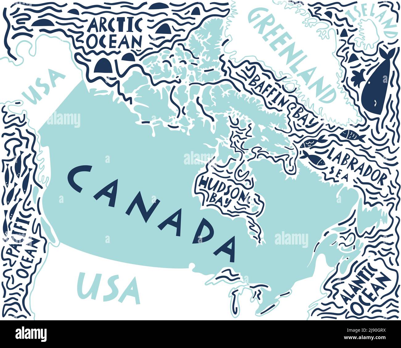 Vector hand drawn stylized map of Canadian region with neighbor ...