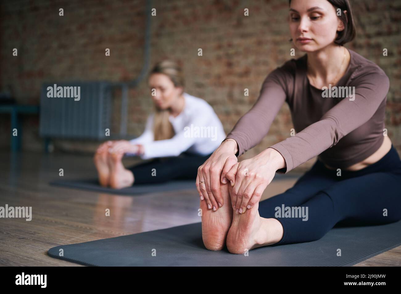 Two young women stretching every muscle before working out sitting on ...