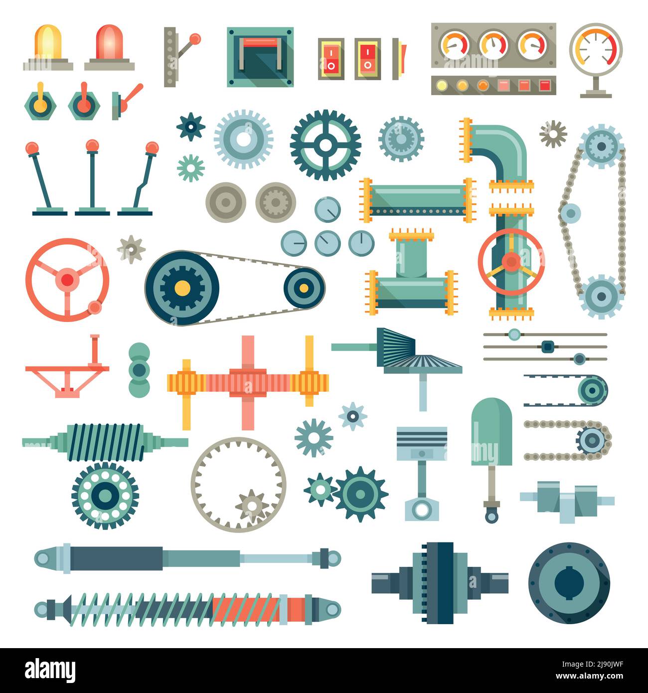 Parts of machinery flat icons set. Gear mechanical, equipment part ...