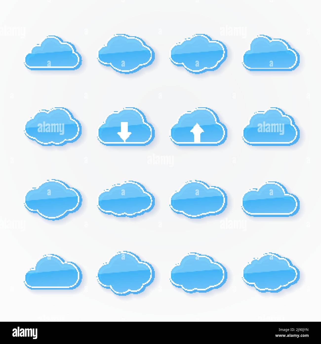 Set of sixteen blue cloud icons of different shapes depicting the ...