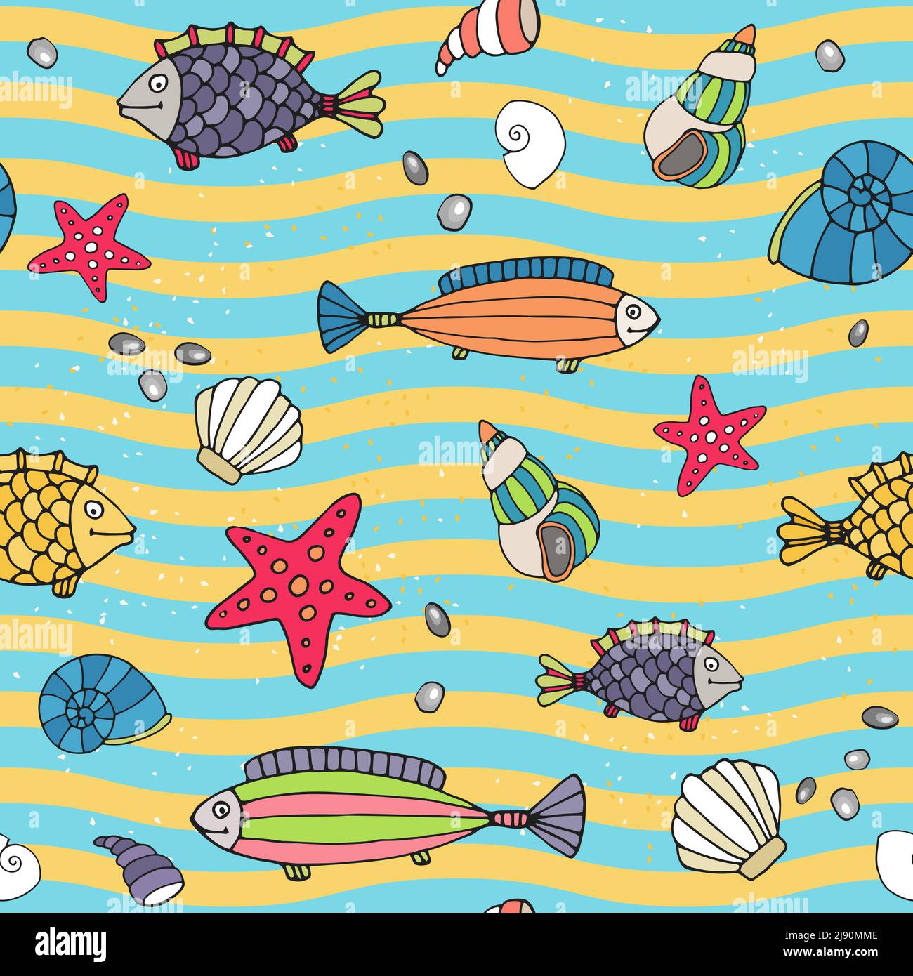 Seamless vector pattern of sea life on the seashore with wavy ...