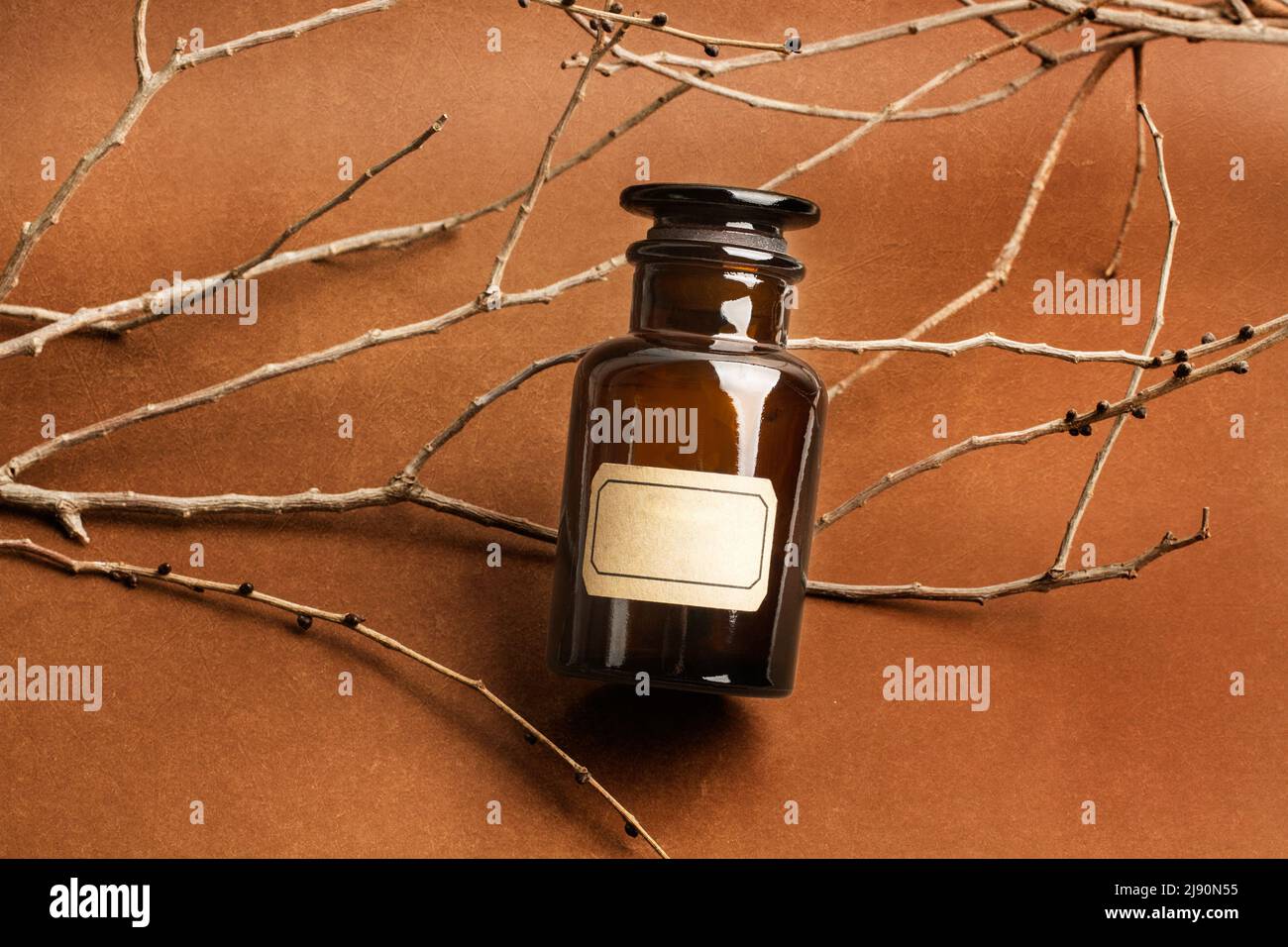 A vintage pharmacy brown bottle and dry branches on a brown background ...