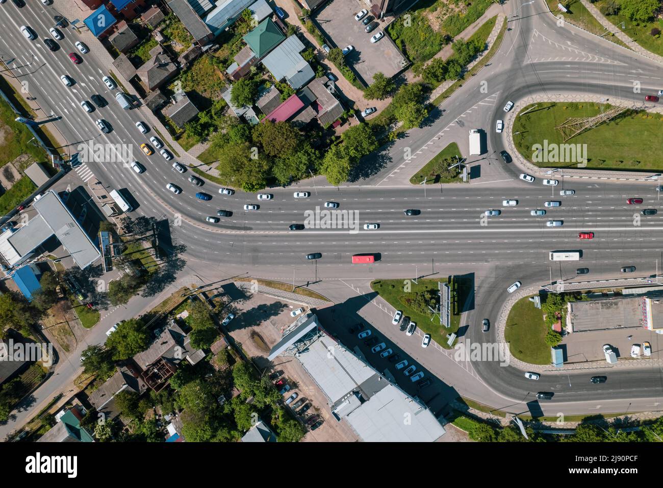 Aerial top down view of road bridge with traffic, road infrastructure ...