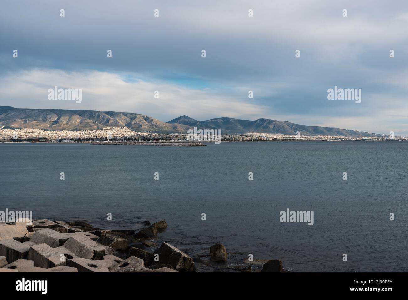 View over the rocky bay at the Piraeus harbour, Freattyda, Athens ...
