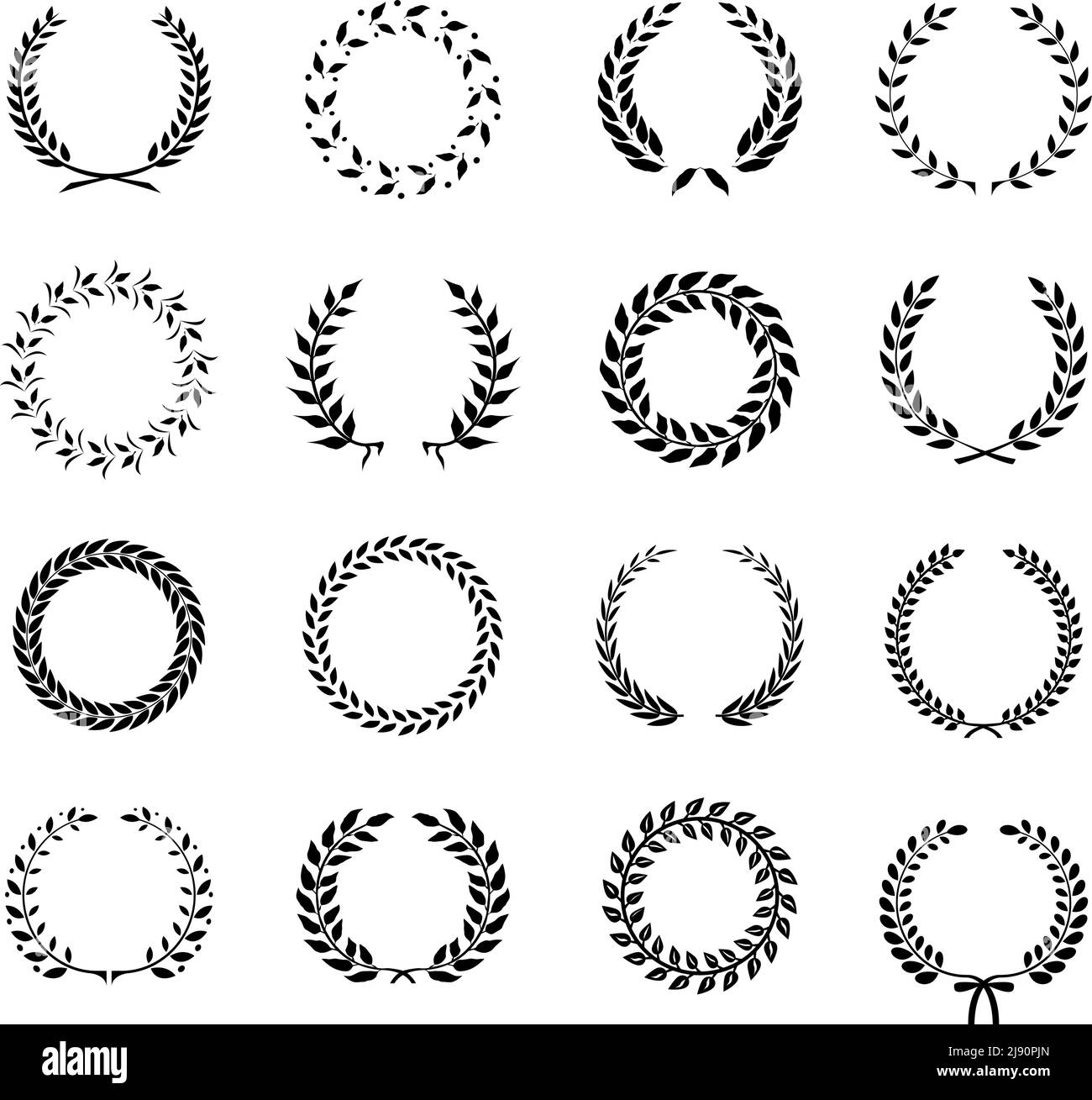 Set of black and white silhouette circular laurel foliate and wheat ...