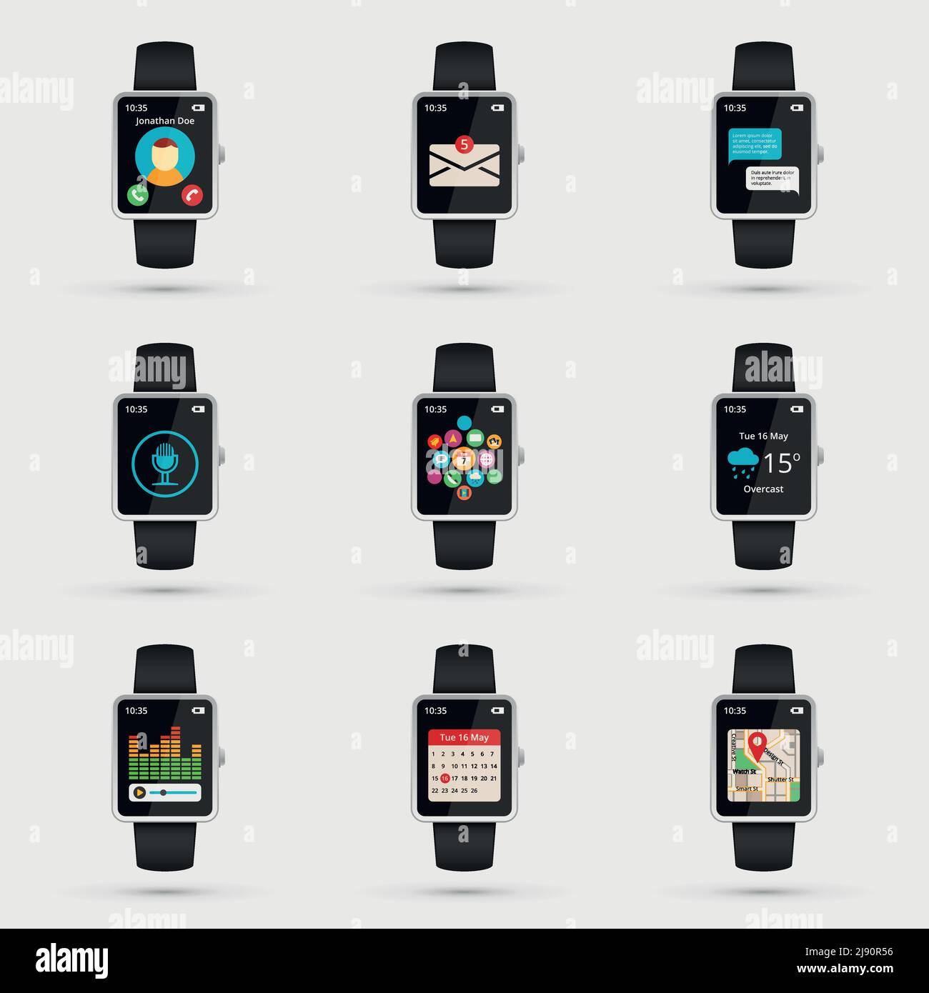 Set of smartwatch icons. wifi and web, map and weather, calendar and music, navigation and ...