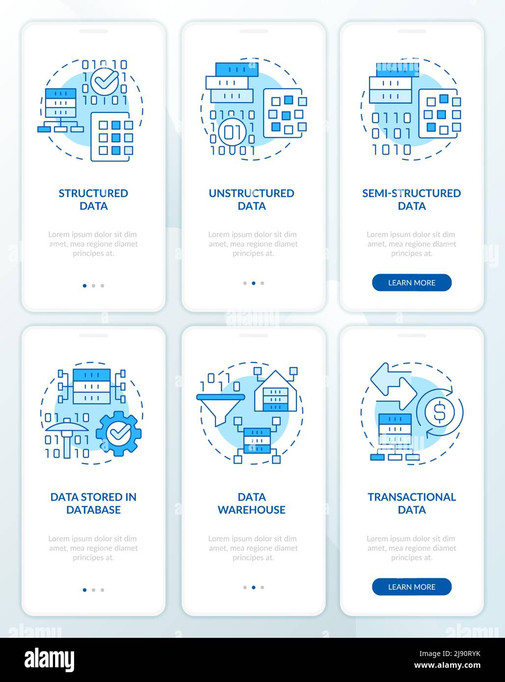Digital information types blue onboarding mobile app screen set Stock ...