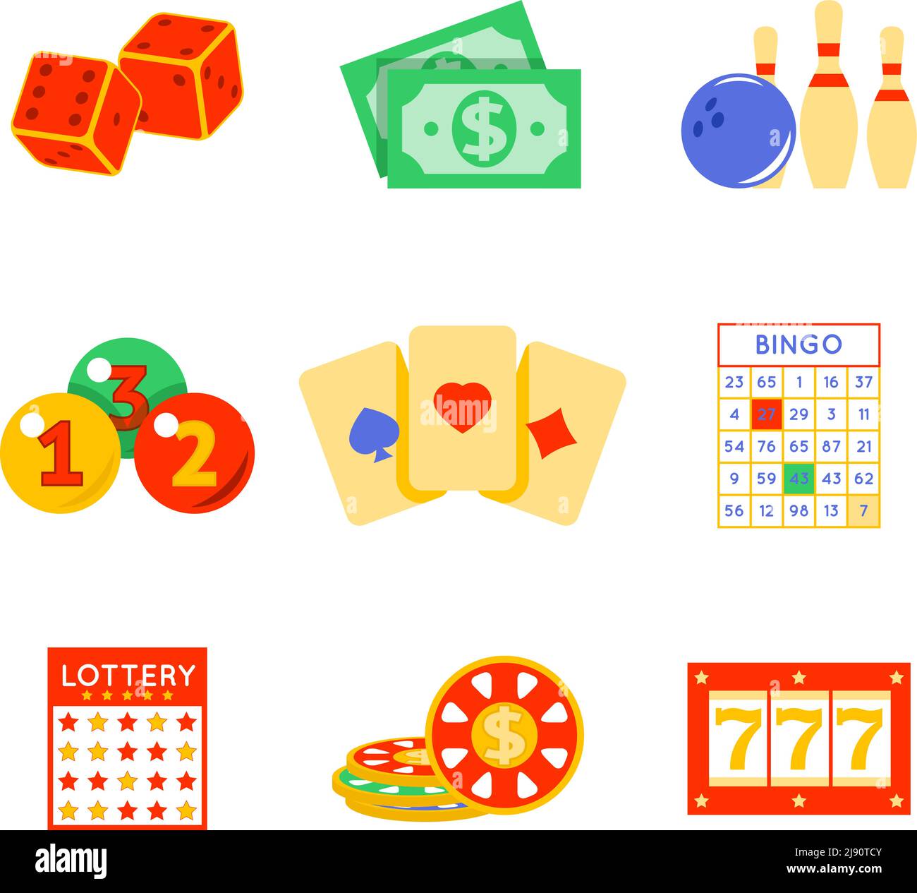 Lottery flat icon set. Risk and card, luck and game, vector ...