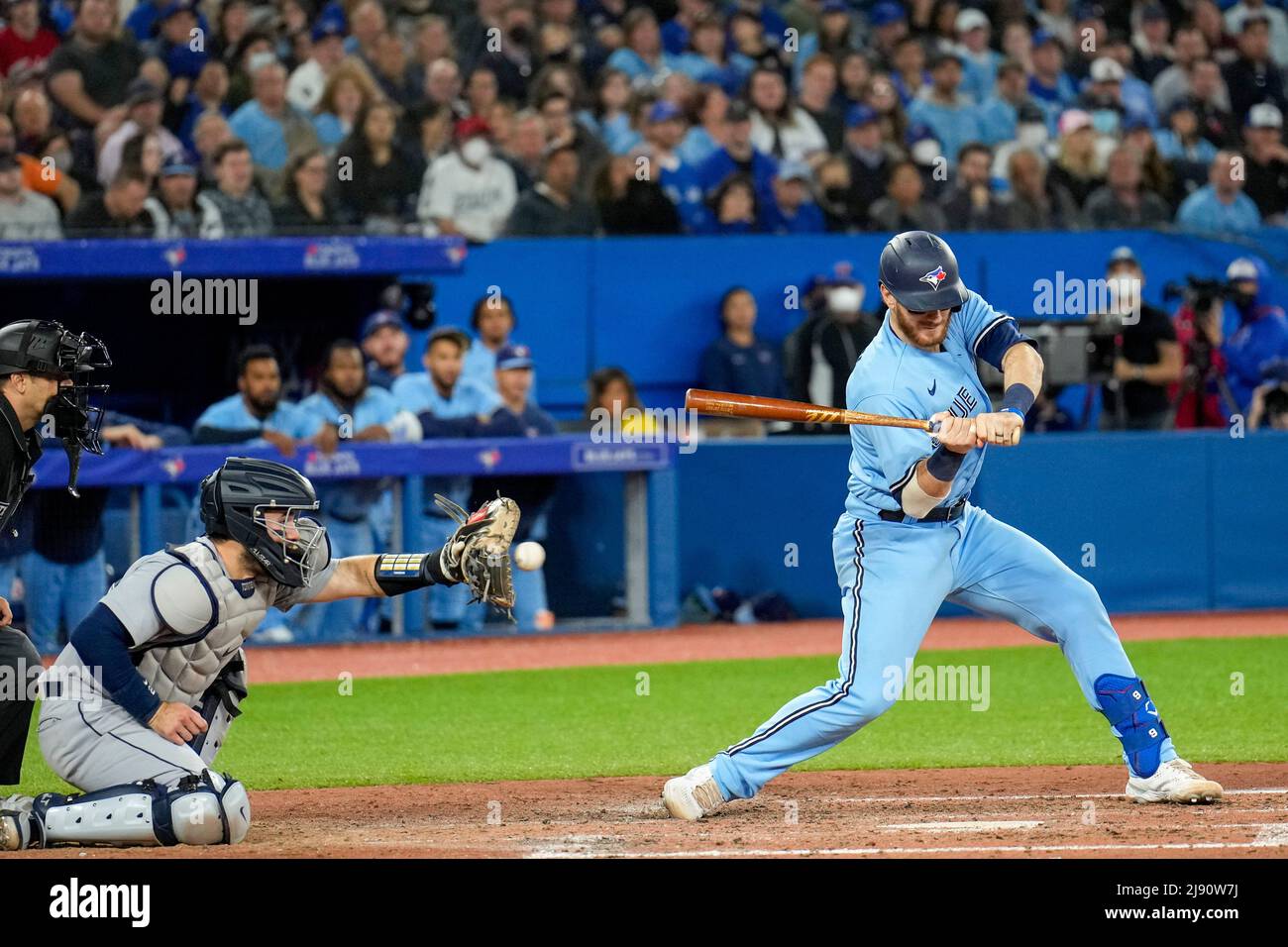 Toronto Blue Jay catcher Danny Jansen (9) at bat during an MLB game ...
