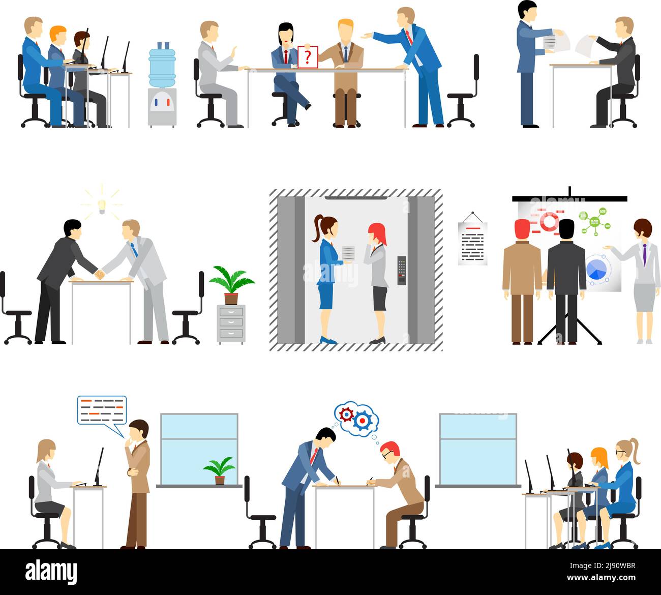 Illustrations of people working in an office with groups in meetings ...