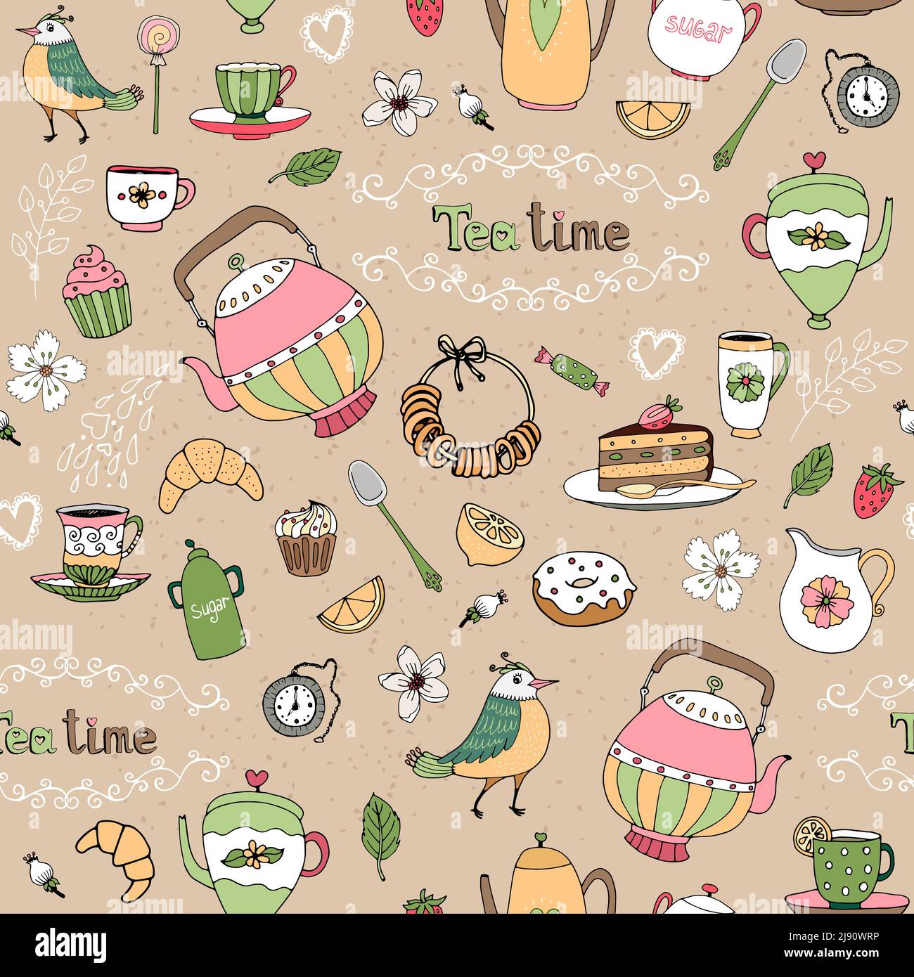 Hand drawn vector afternoon tea seamless background pattern with ...