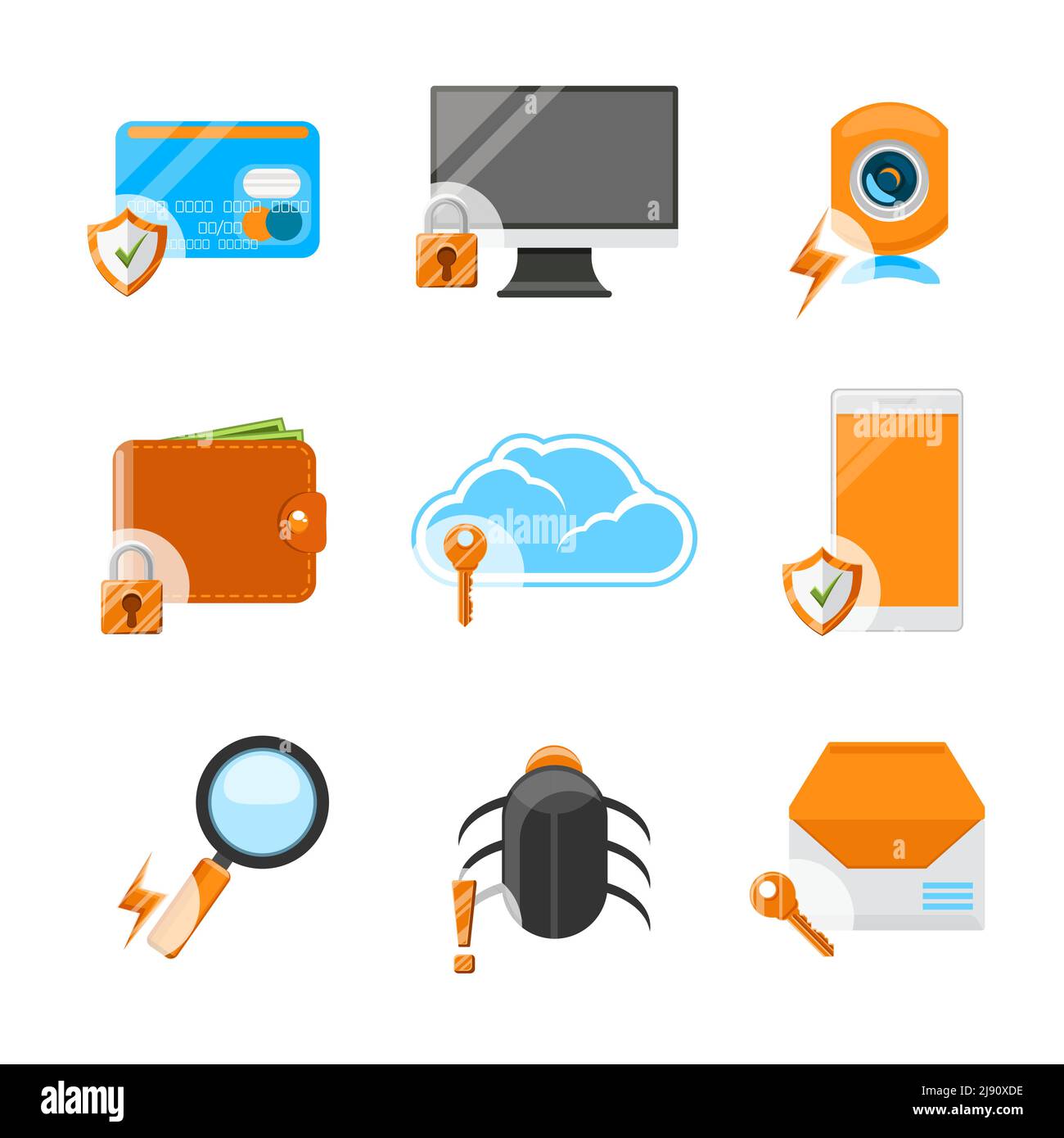 Network security flat icon set. Computer technology, web data protection, payment and mail ...