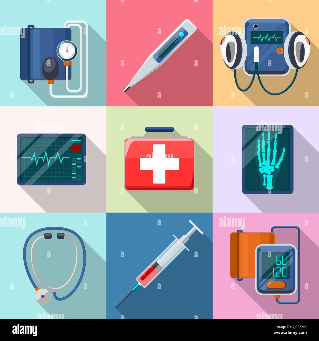 Medical devices set. Tonometer and phonendoscope, defibrillator and X ...