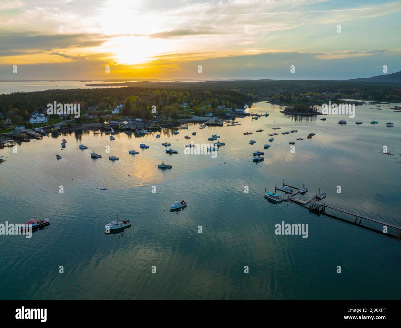 Bass Harbor and village aerial view at sunset in town of Tremont on Mt ...