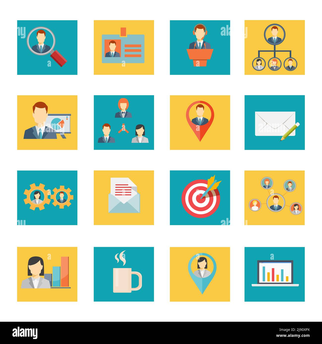 Set of vector office and business icons on blue and gold depicting ...