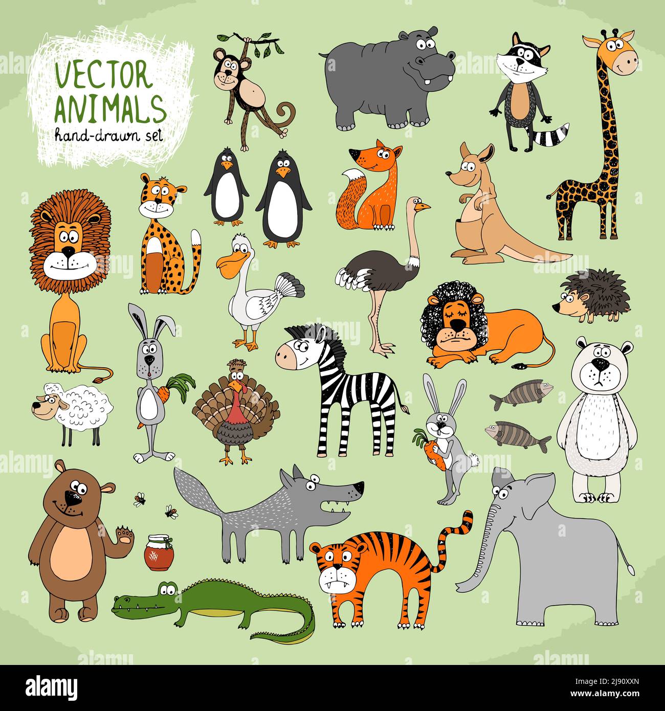 Hand-drawn cartoon vector wild animals collection with lion tiger ...