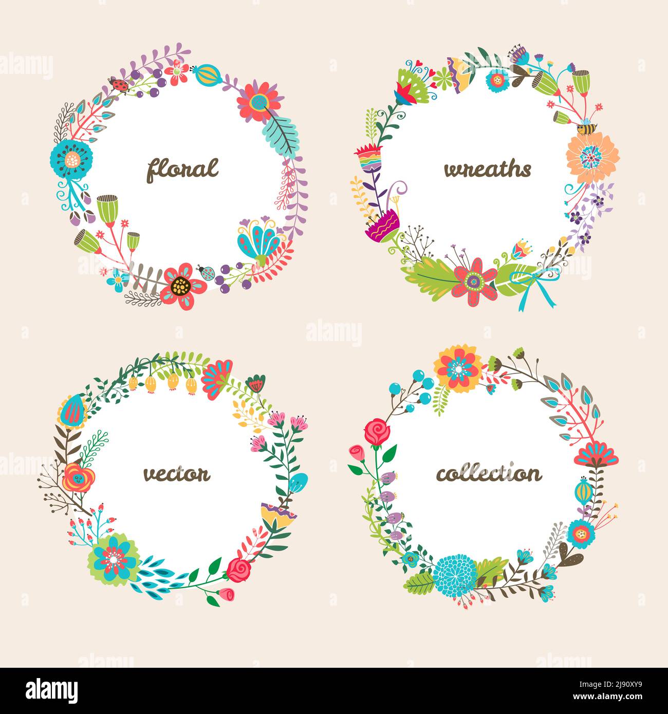 Set of four colorful circular vector floral wreaths with summer flowers ...